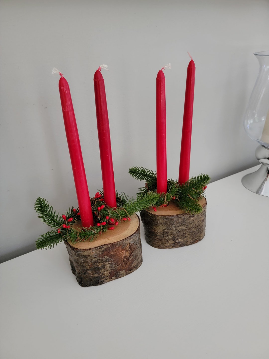 Holiday Wood Rustic Centerpiece, Set of 2, Rustic Log Candle Set ...