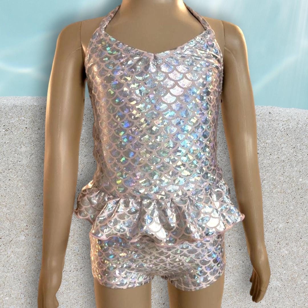 Mermaid Bikini Set With Ruffle ! Hologram Tankini Top With Ruffle ...