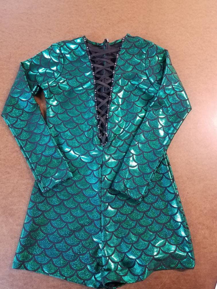 Mermaid Short Bodysuit With Rhinestone Laced Front / Invisible Zipper ...