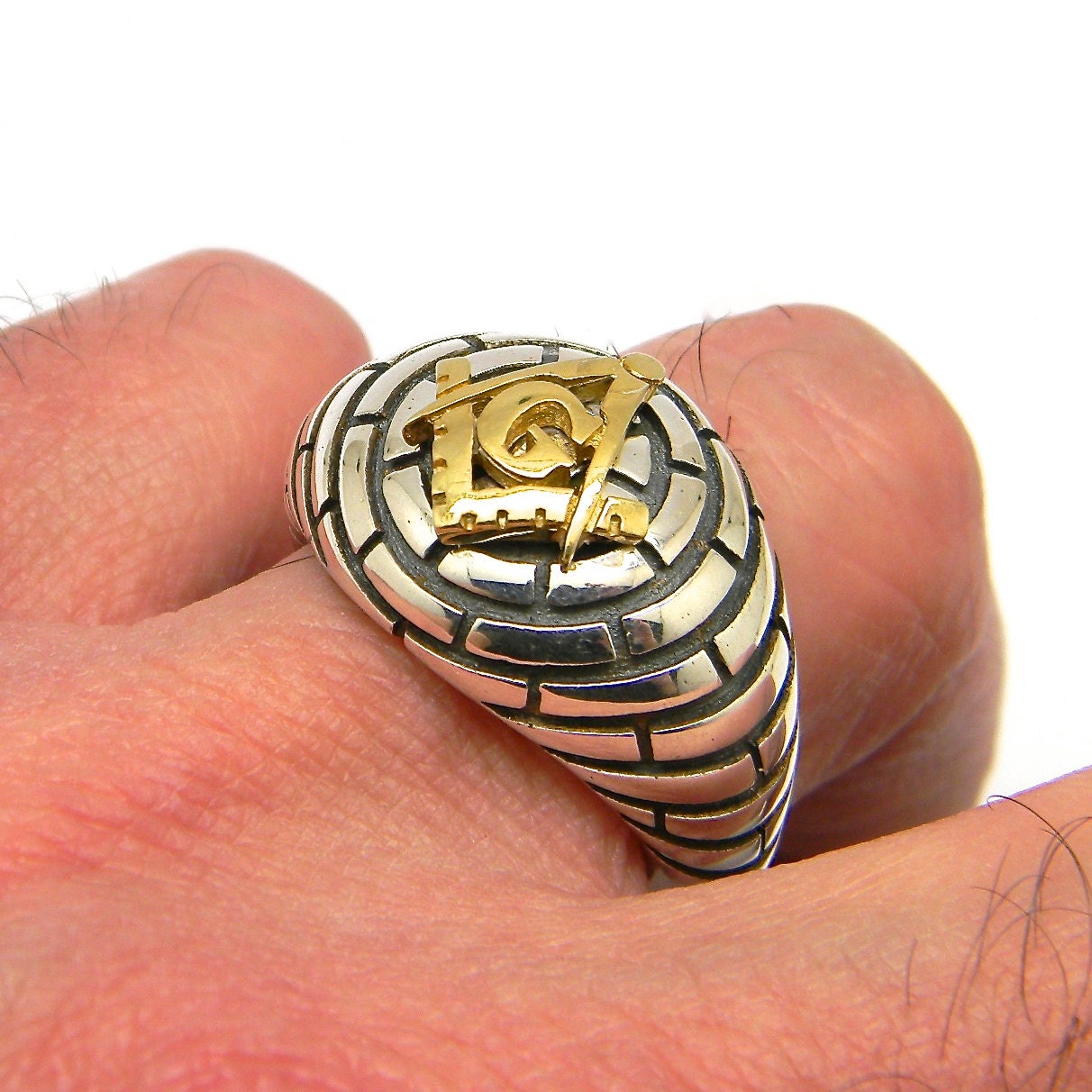 Mens Sterling Silver 925 18K Gold Freemason Brick Wall Signet Ring ...