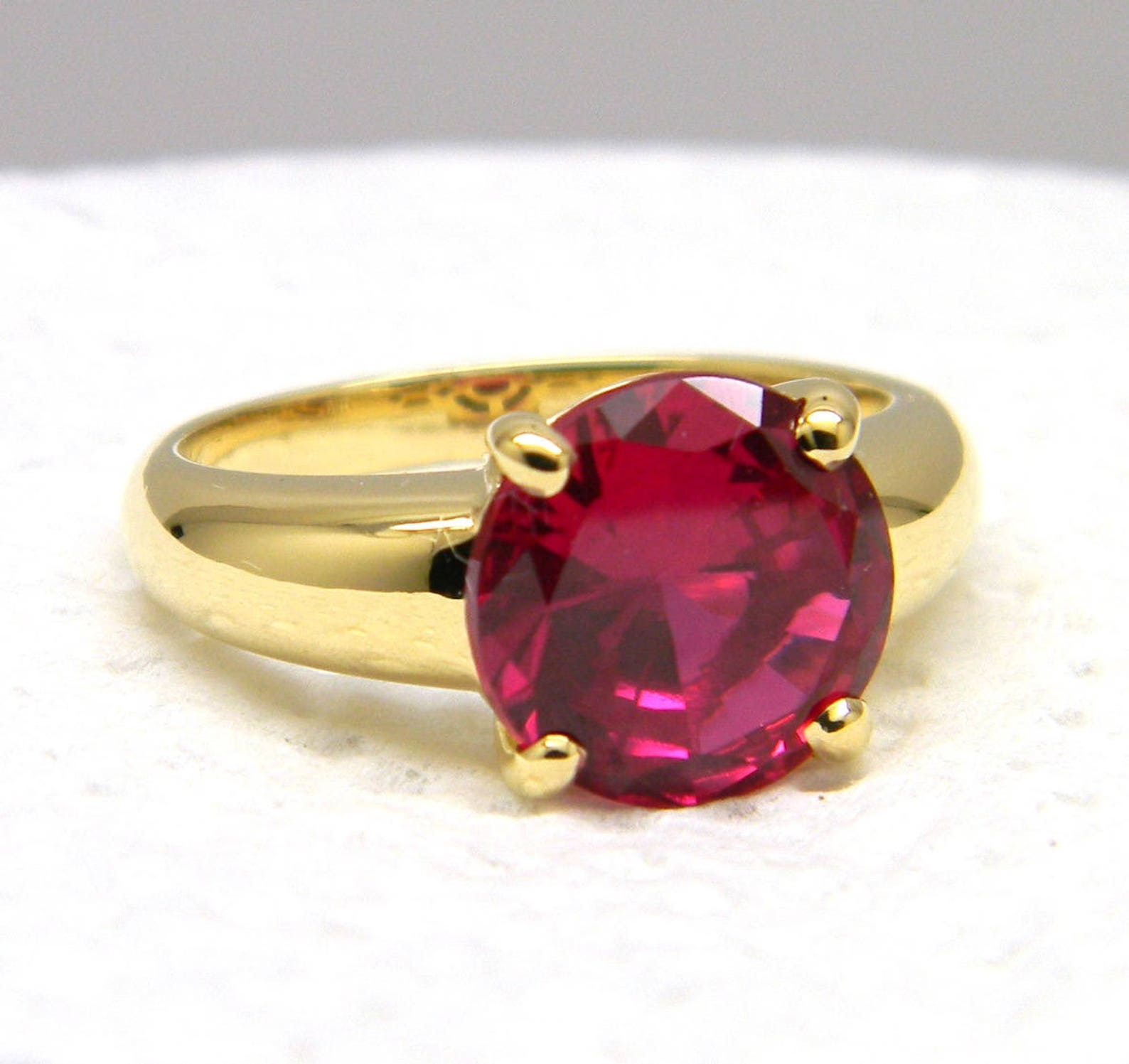 18K Yellow Gold 10mm Reconstructed Ruby Solitaire Ring,solid 750 Gold ...
