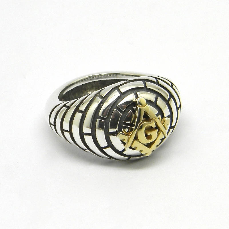 Mens Sterling Silver 925 18K Gold Freemason Brick Wall Signet Ring ...