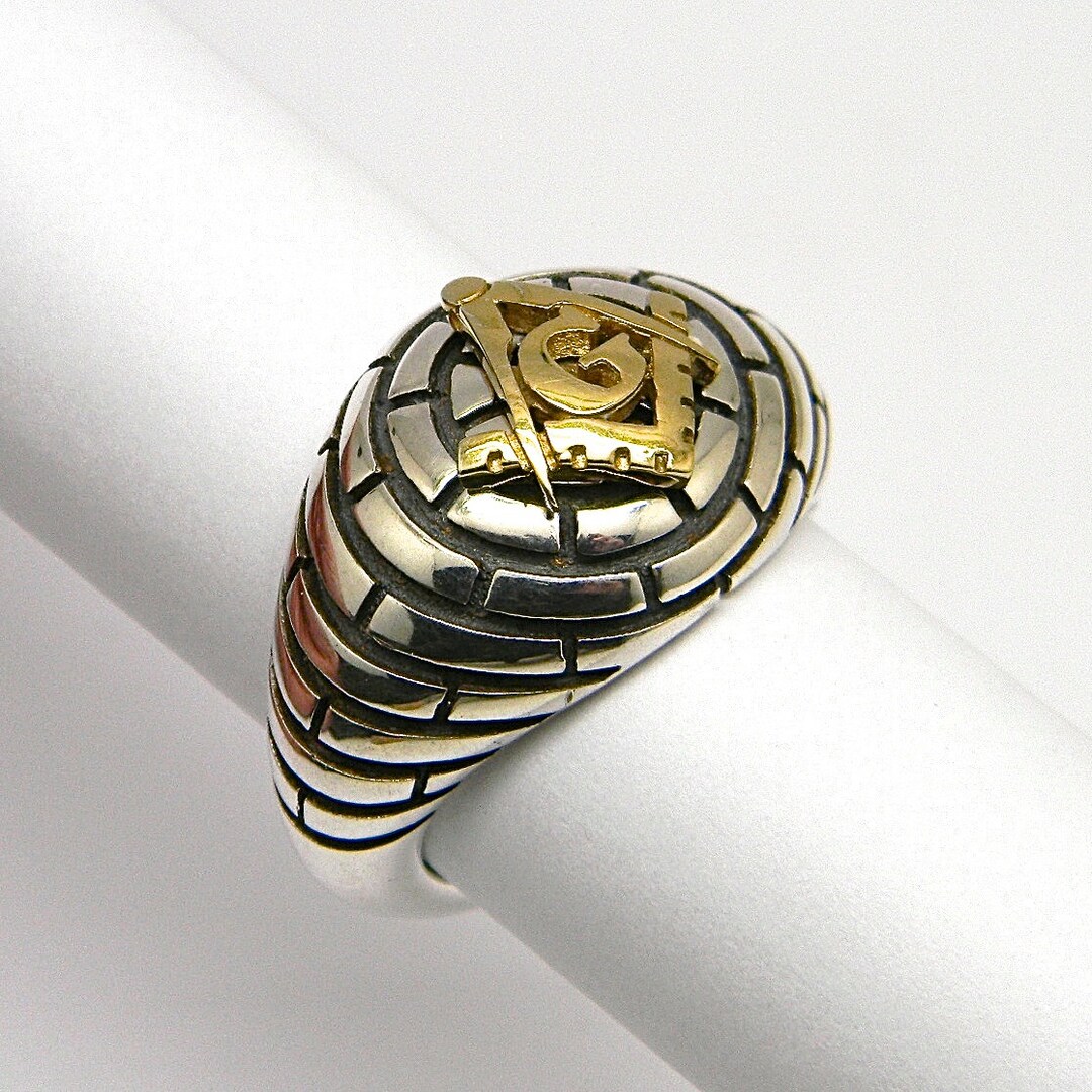 Mens Sterling Silver 925 18K Gold Freemason Brick Wall Signet Ring ...