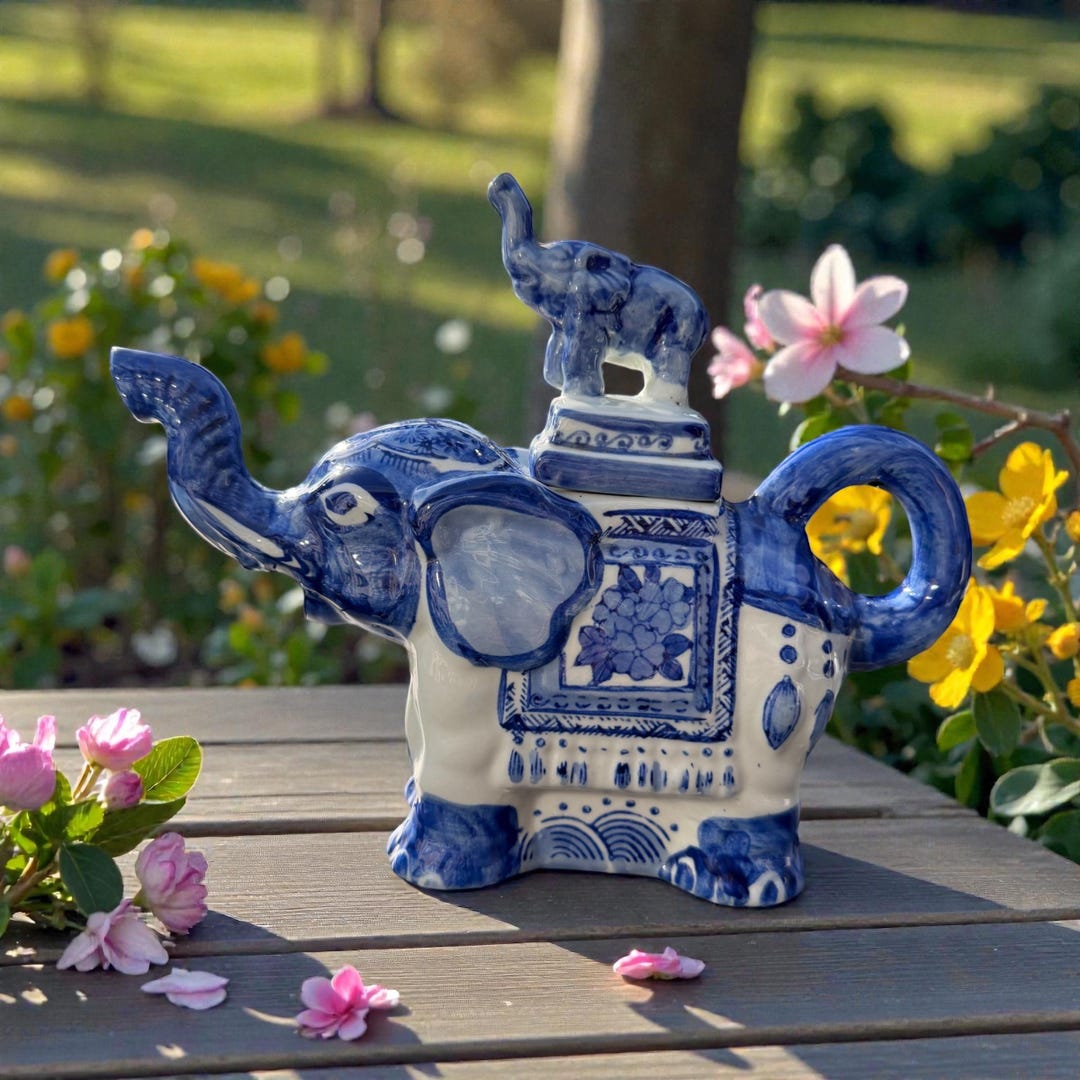 Vintage Elephant Teapot – Blue and White Chinoiserie China Tea Pot ...