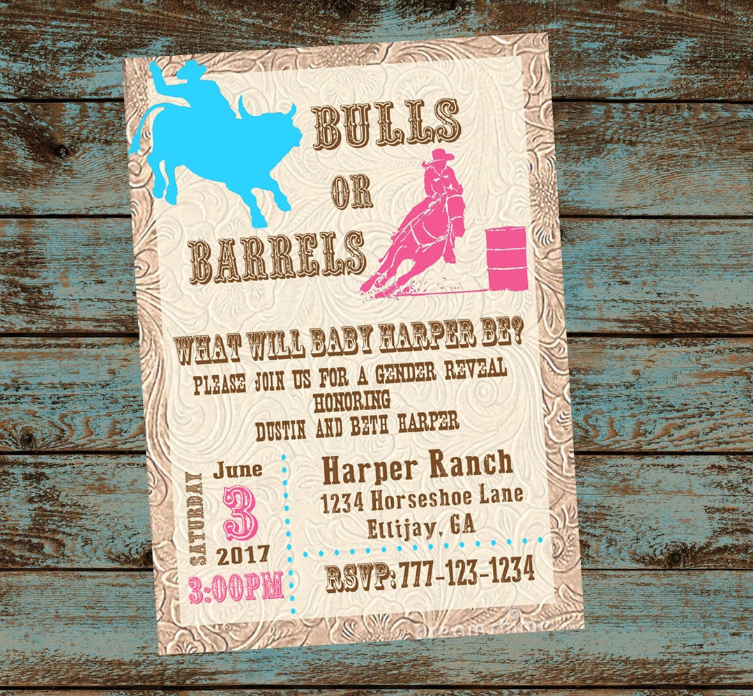 Bulls or Barrels Gender Reveal, Gender Reveal Party Invitation, Horse ...