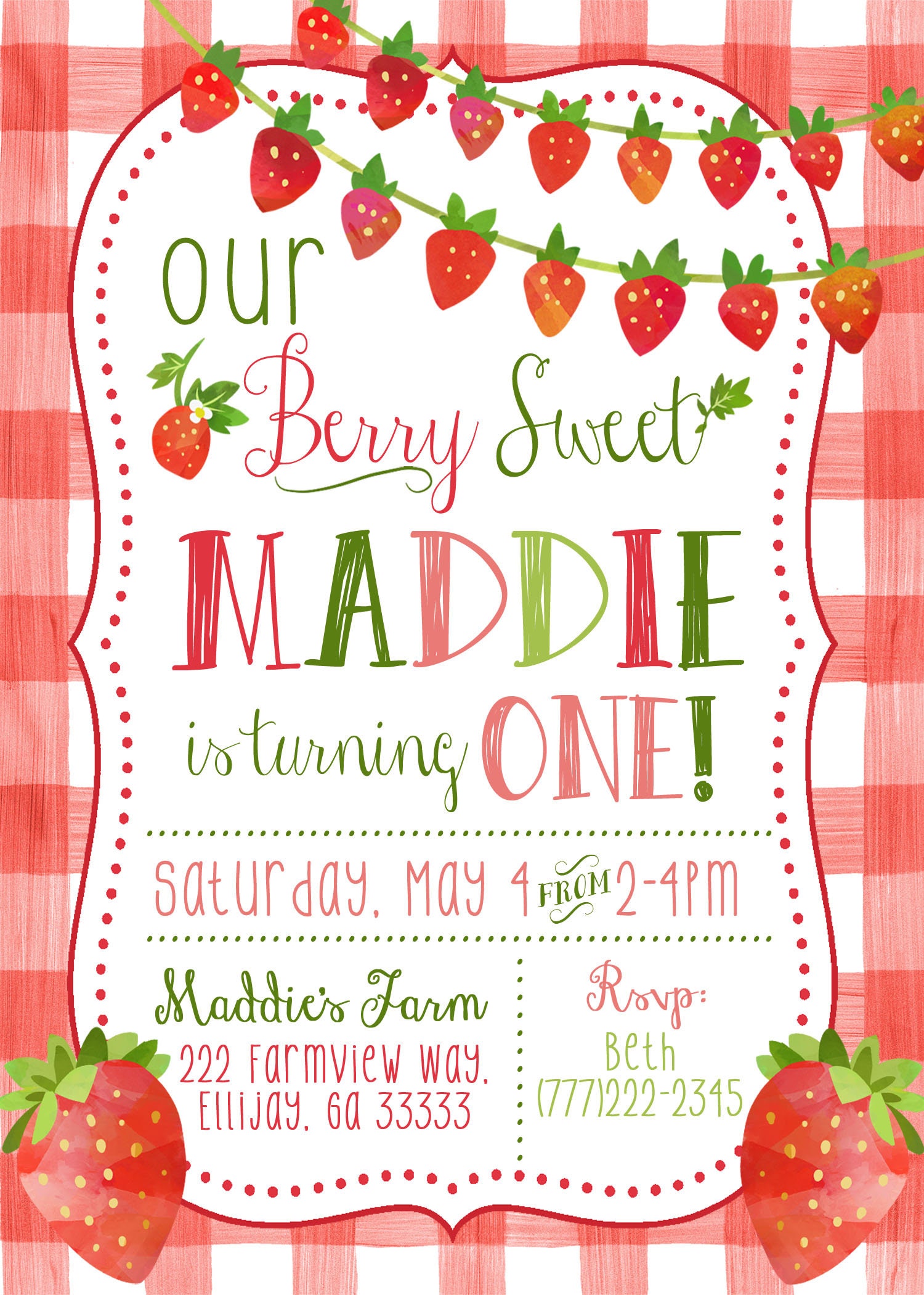 Berry Sweet Birthday Invitation Strawberry Invitation | Etsy