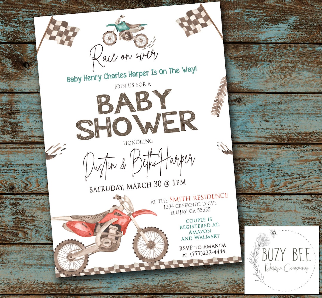 Dirt Bike Baby Shower, Motorcycle Invitation, Race on Over Baby Shower ...