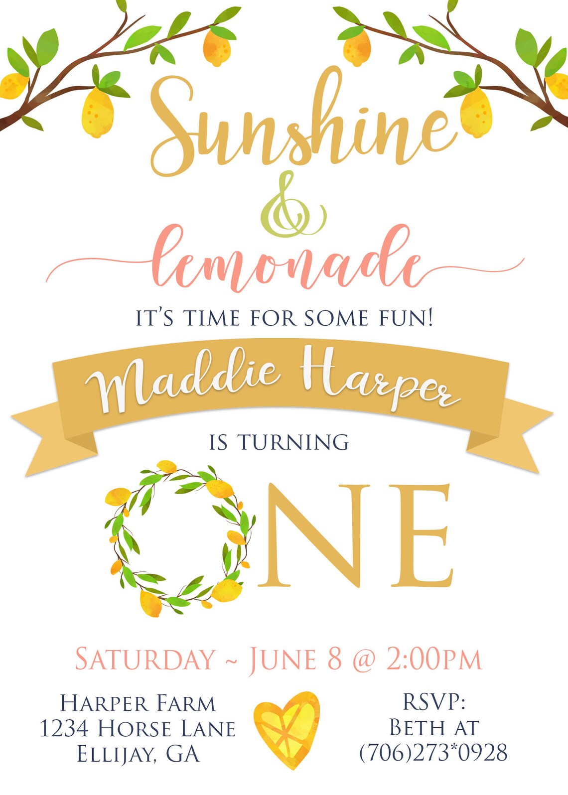 Lemon Birthday Invitation Lemon Birthday Party Lemon One | Etsy