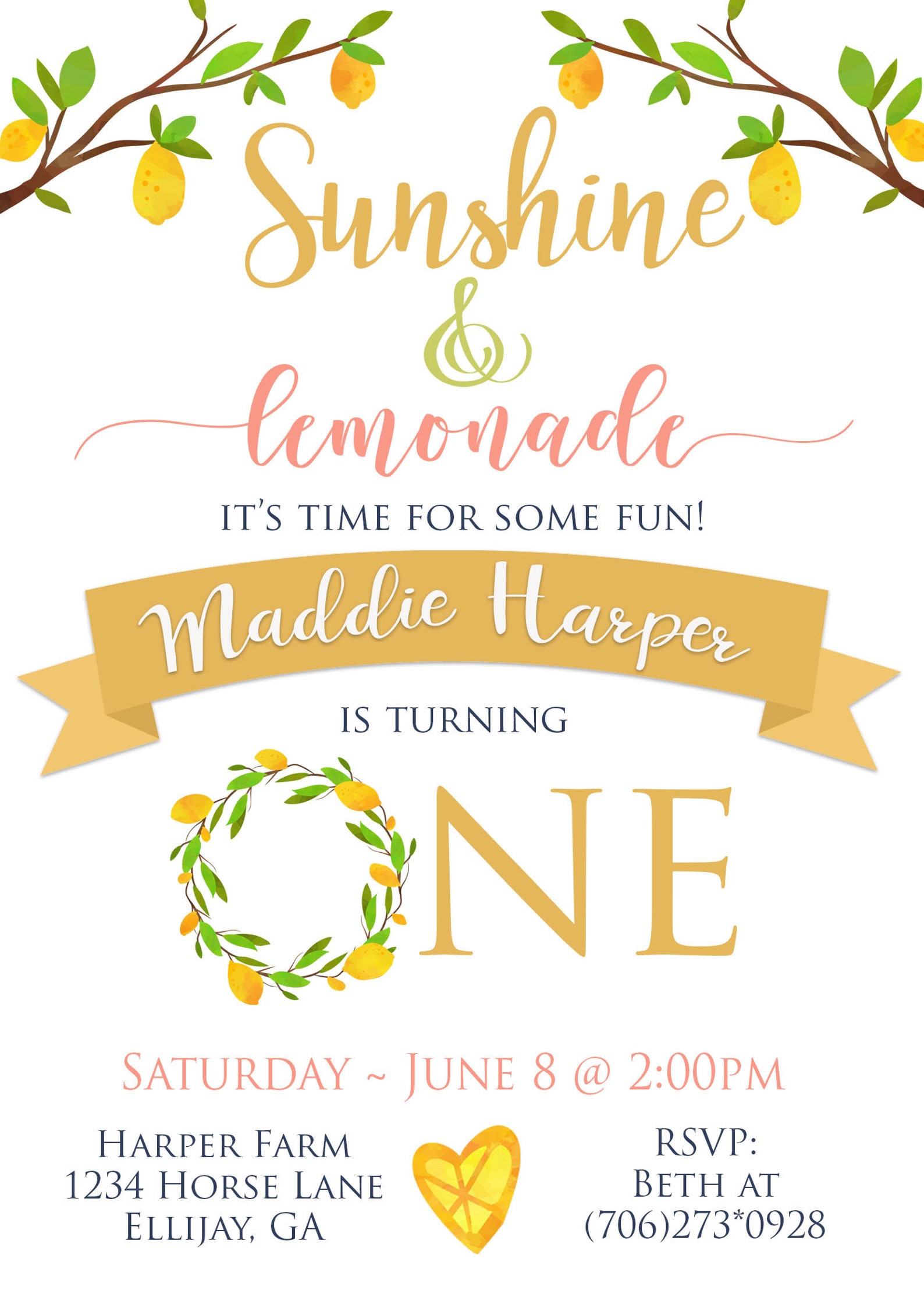 Lemon Birthday Invitation Lemon Birthday Party Lemon One | Etsy