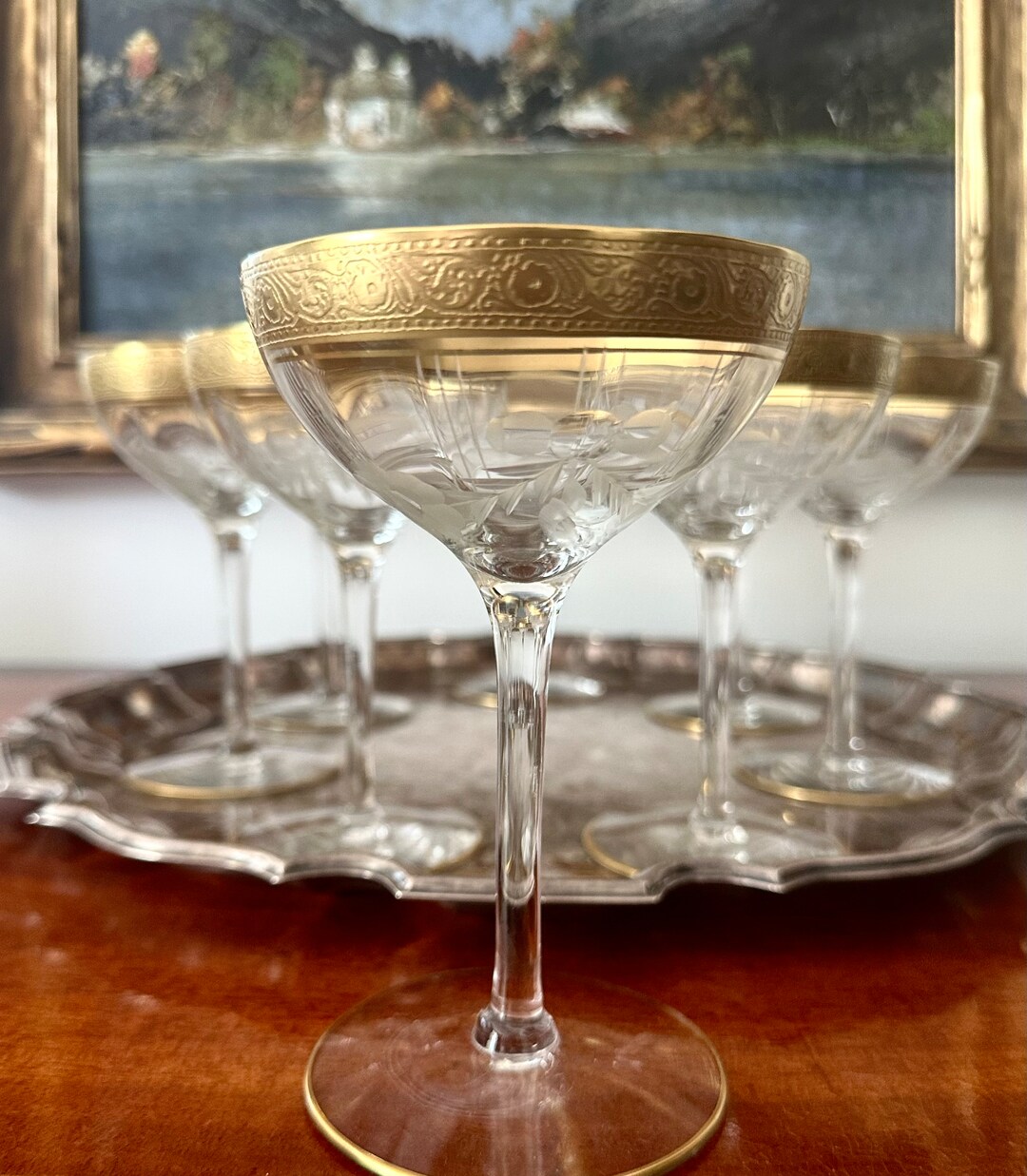 Set of 8 Gold Encrusted Rim Champagne Coupes • Unusual Satin Cut Floral ...