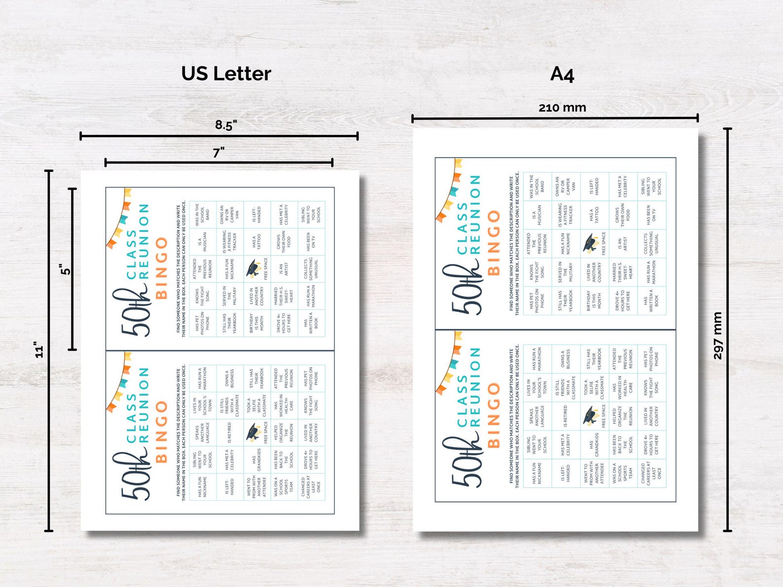Printable 50th Class Reunion Bingo Game, Class of 1975 1976 1977 Party ...