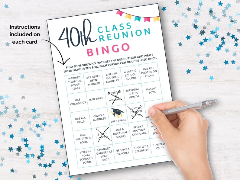 Printable 40th Class Reunion Bingo Game, Class of 1985 1986 1987 Party ...