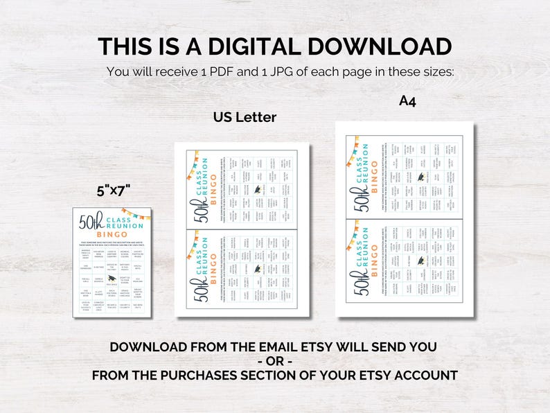 Printable 50th Class Reunion Bingo Game, Class of 1975 1976 1977 Party ...