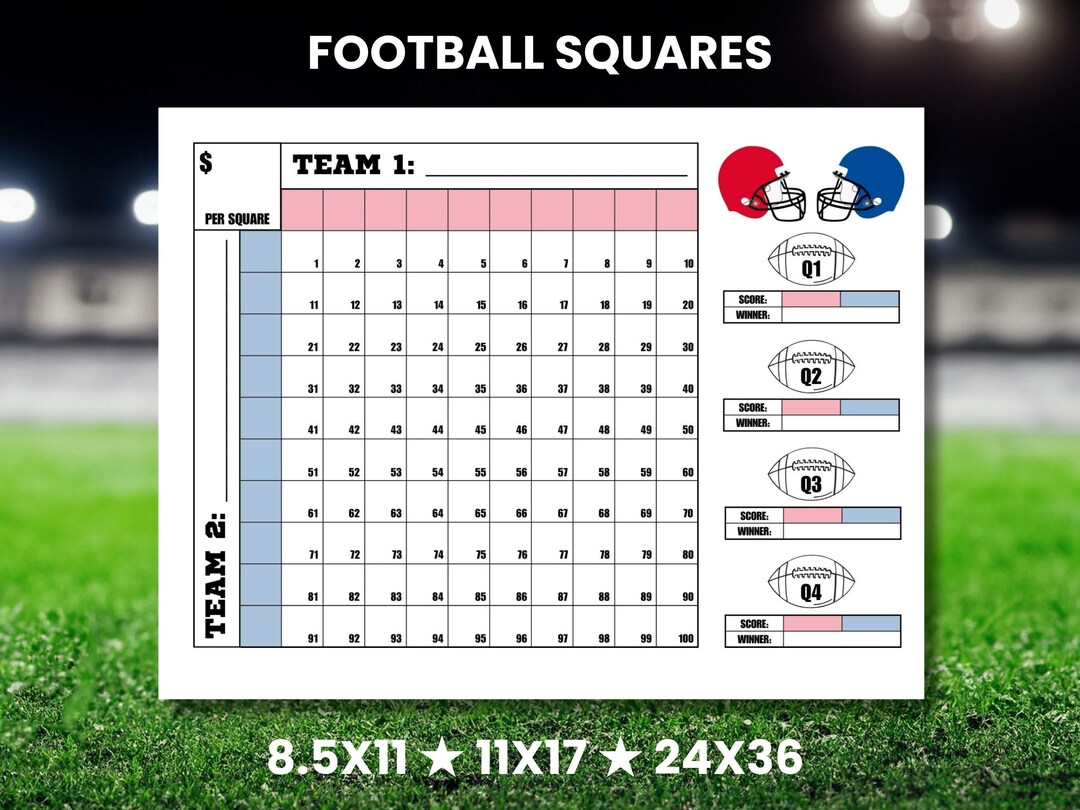 Football Squares Printable Game, 100 Squares Football Grid, Football ...