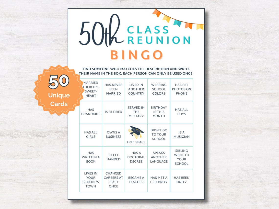 Printable 50th Class Reunion Bingo Game, Class of 1975 1976 1977 Party ...