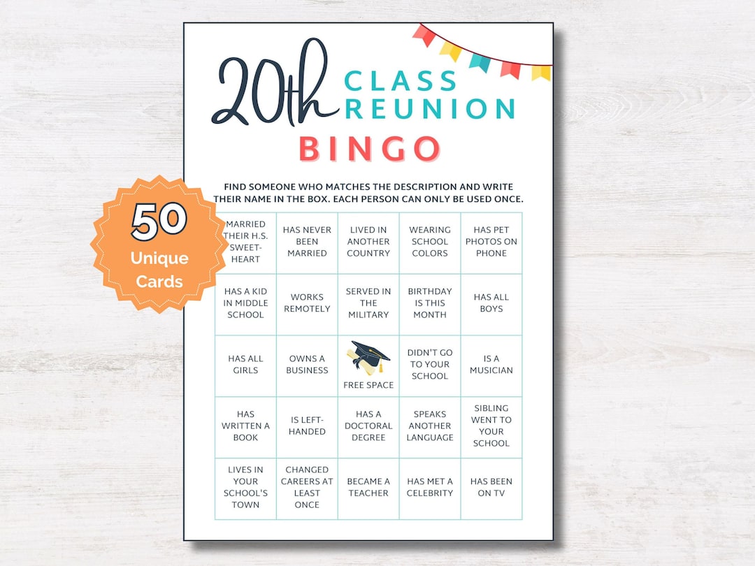 Printable 20th Class Reunion Bingo Game, Class of 2005 2006 2007 Party ...