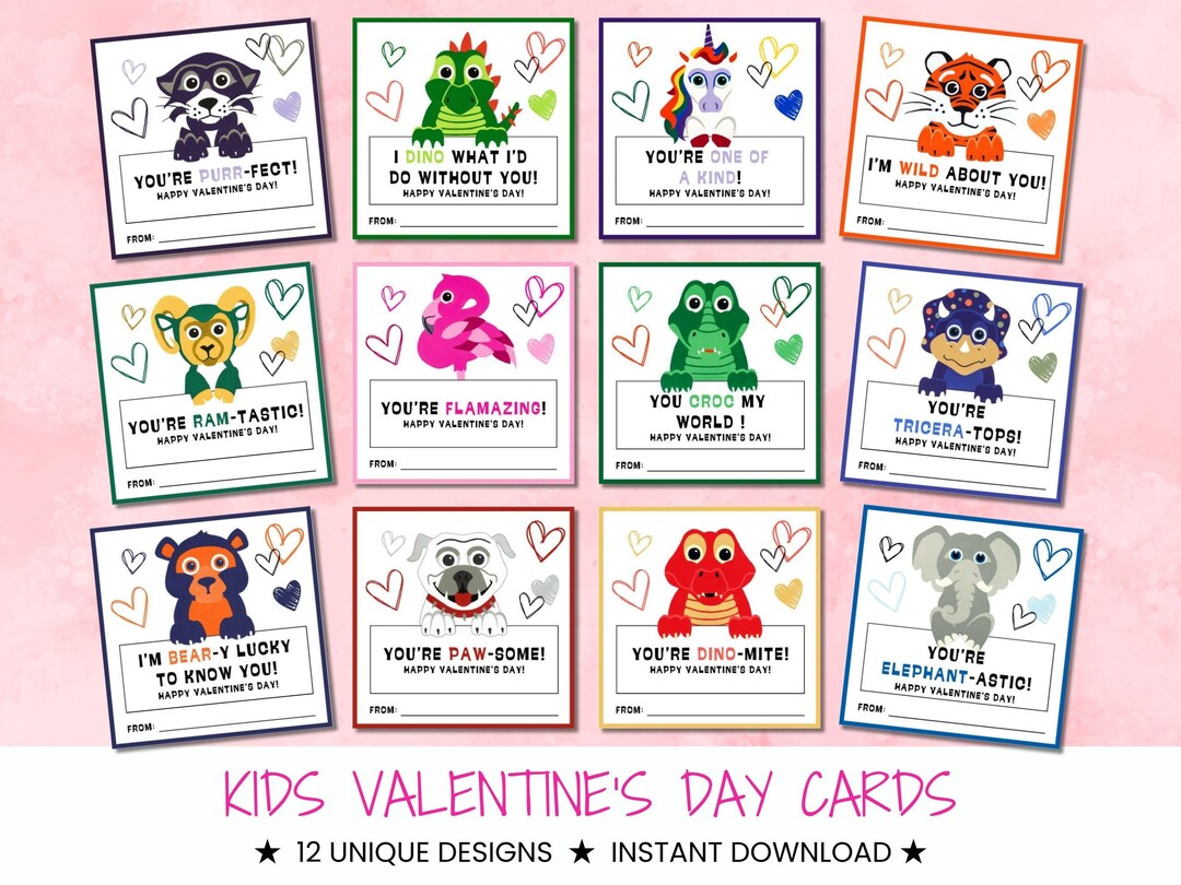 Cute Animal Valentines Day Cards, Kids Classroom Valentines, Printable ...