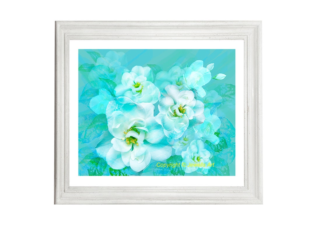 White Wild Rose Digital Art Print, Instant Digital Download, Turquoise ...