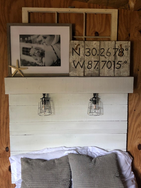 Wood plank headboard with lights store