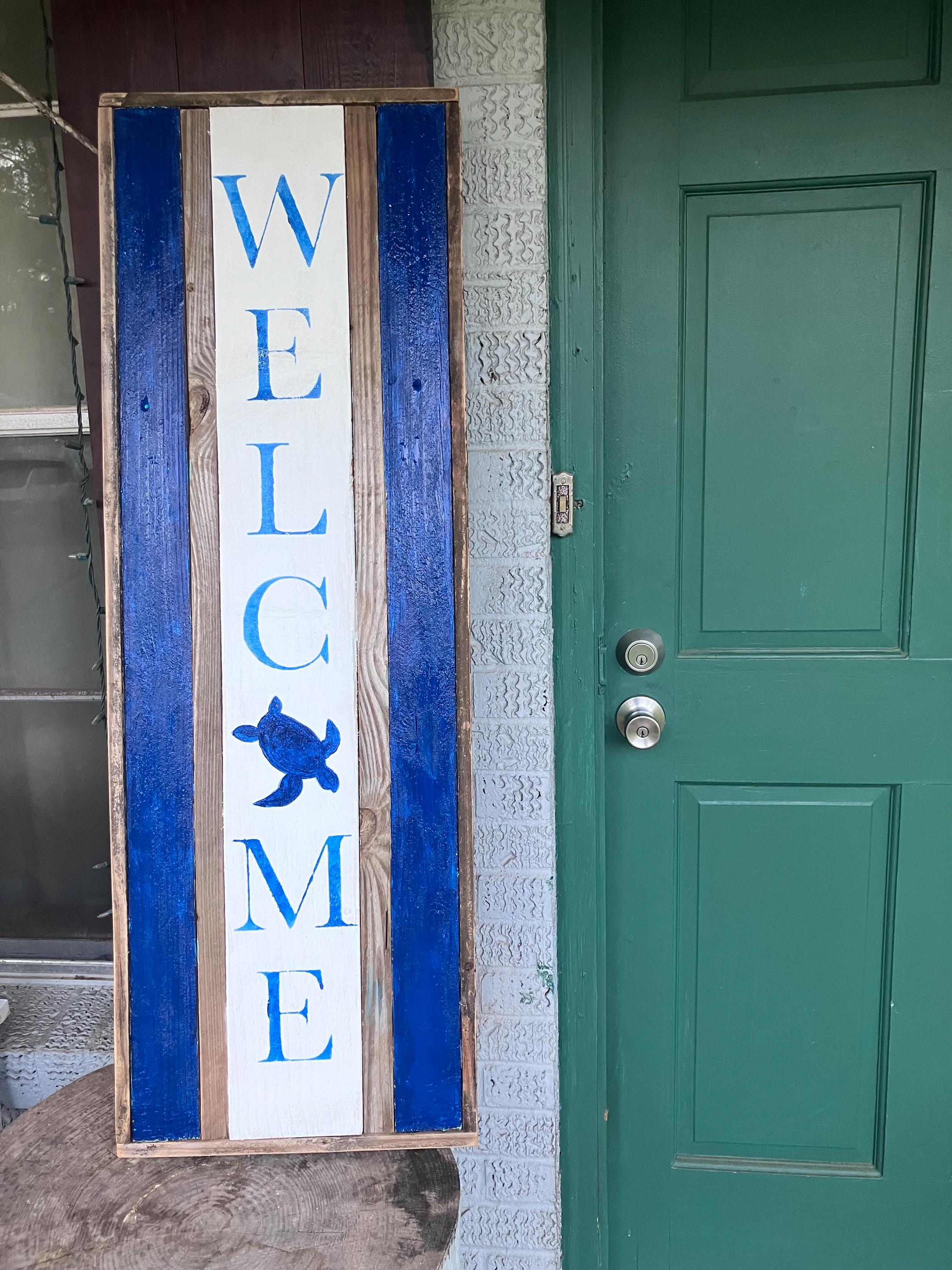 Coastal Tall Standing Welcome Sign Porch Decor Sea Turtle in Navy and ...