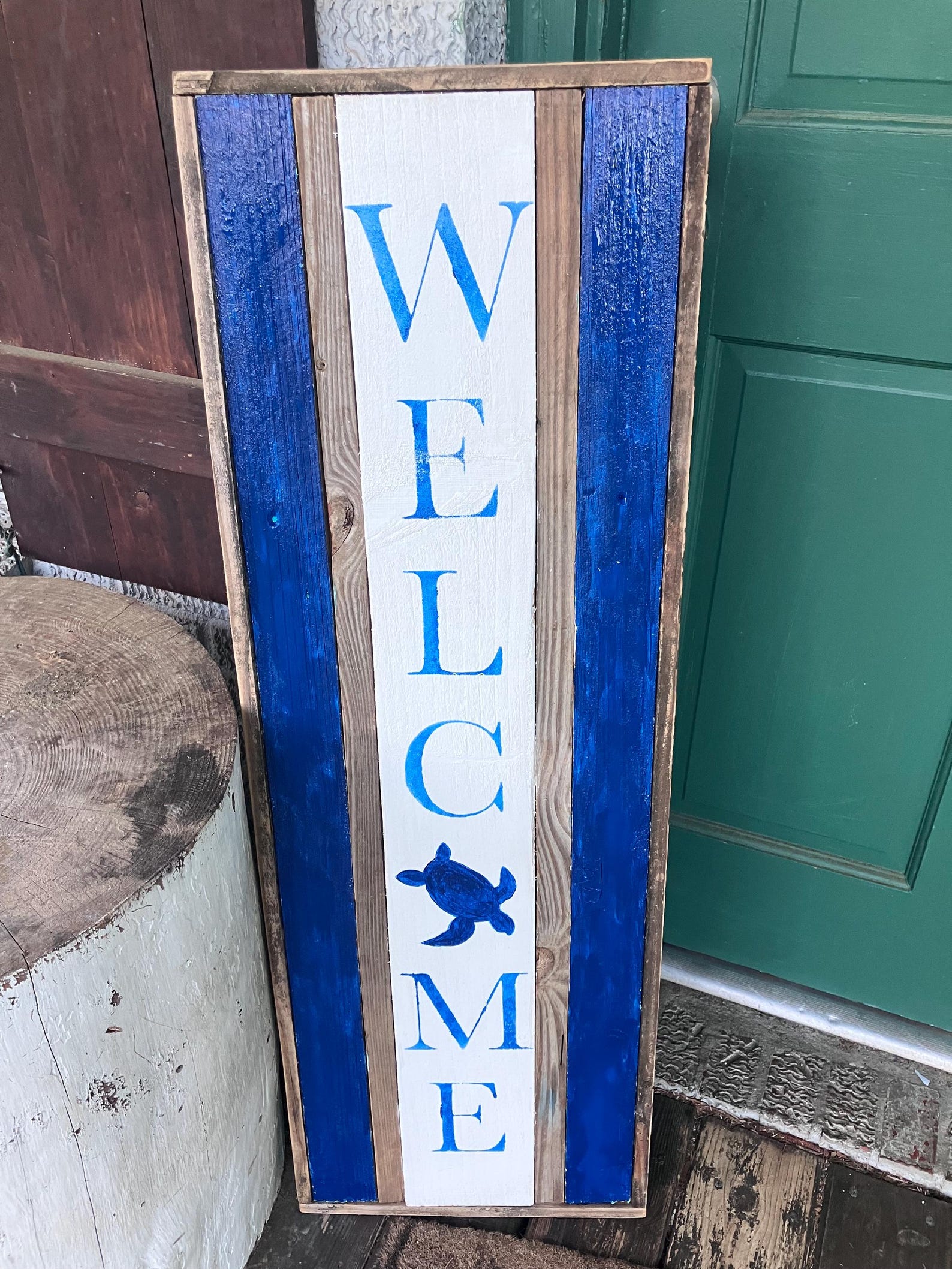 Coastal Tall Standing Welcome Sign Porch Decor Sea Turtle in Navy and ...