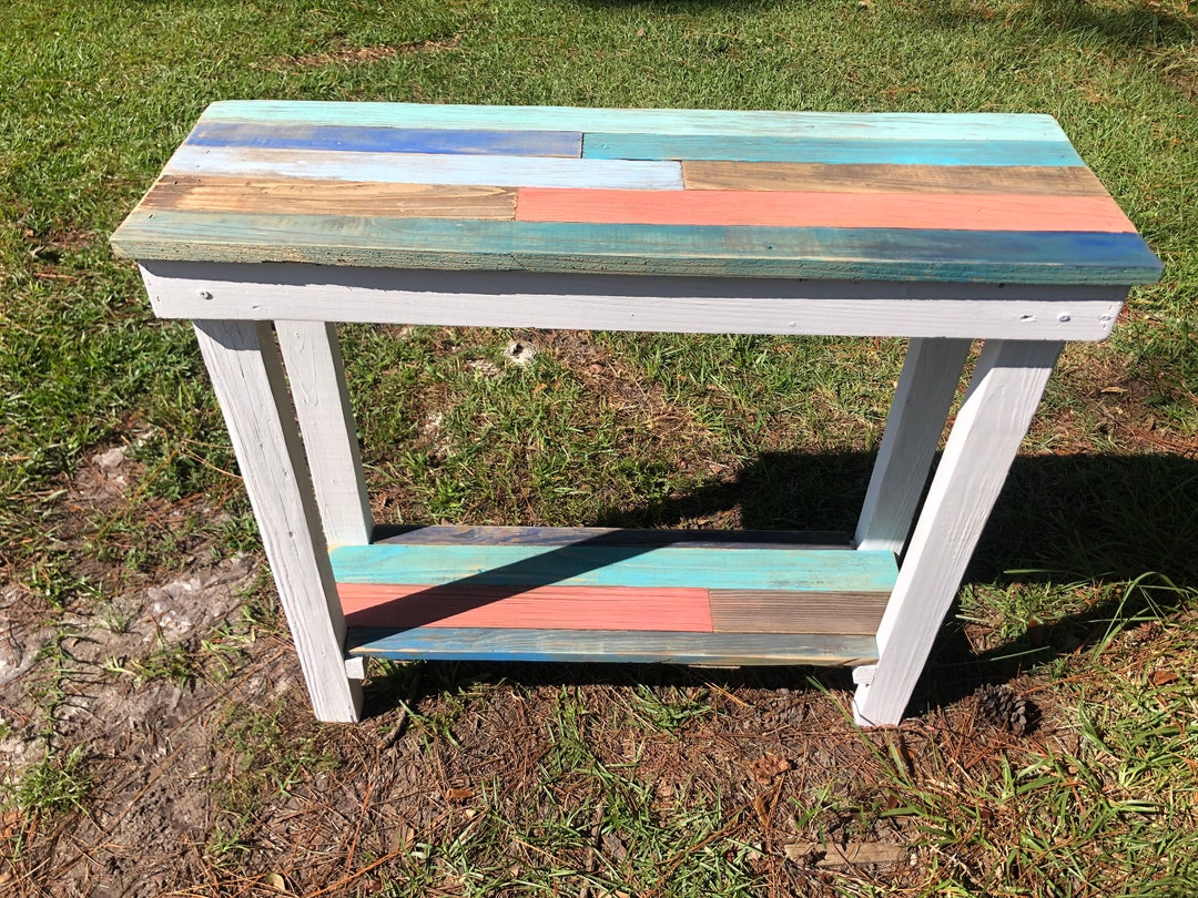 Coral and Blue Beach Inspired Beautiful Coastal Side Coffee Table or ...