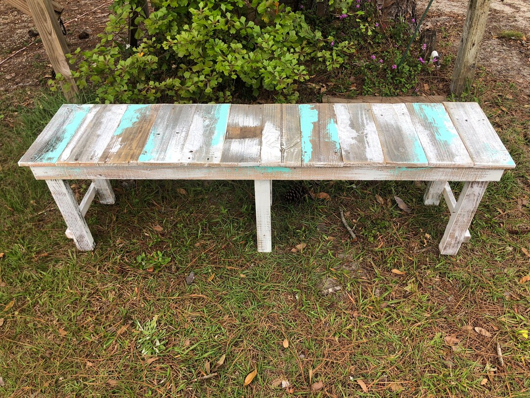 Beautiful Coastal Reclaimed Wood Hand Painted Bench With Turquoise and ...
