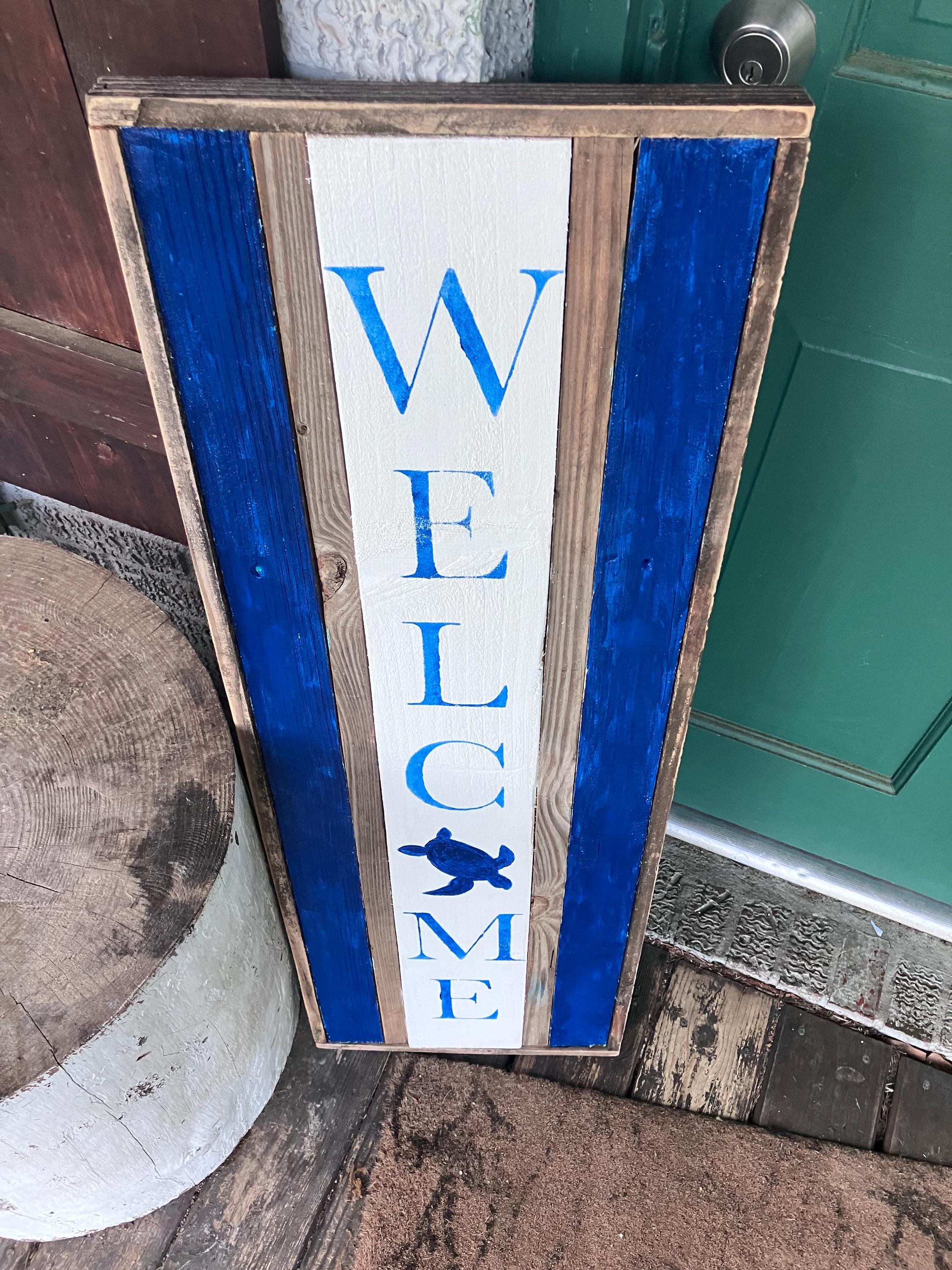 Coastal Tall Standing Welcome Sign Porch Decor Sea Turtle in Navy and ...