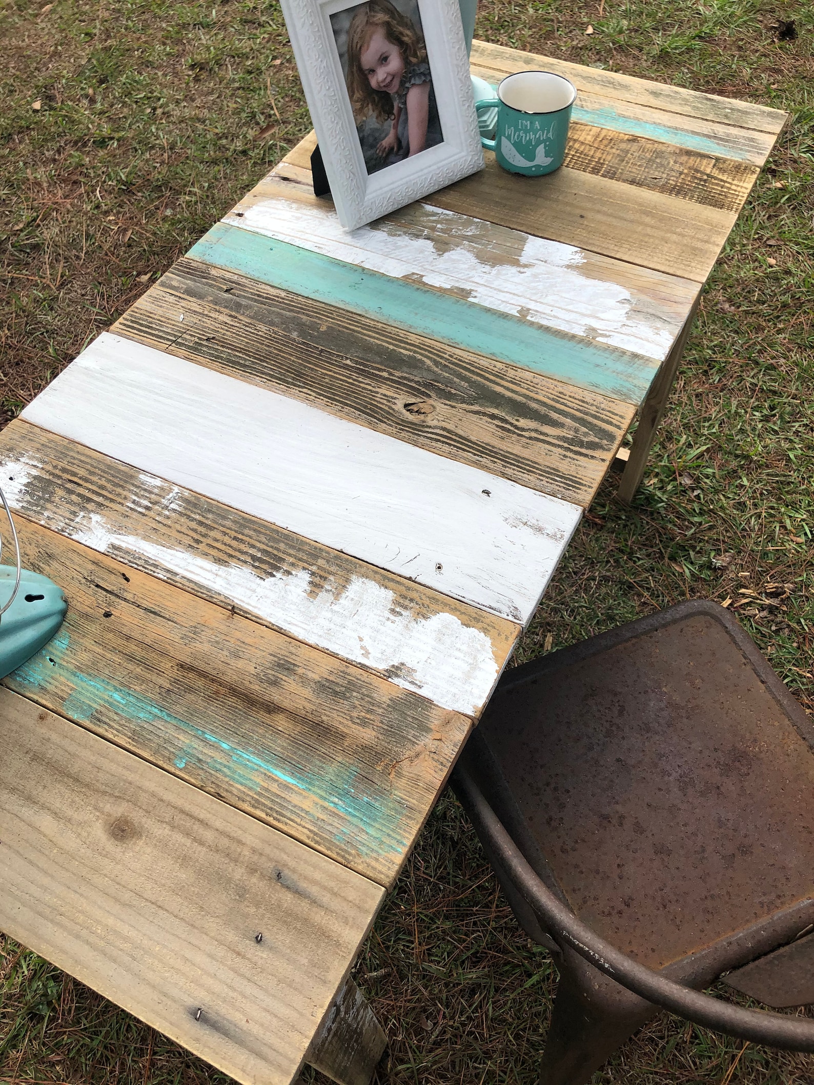 Farmhouse Style Chippy Paint Turquoise White Writing Desk With ...