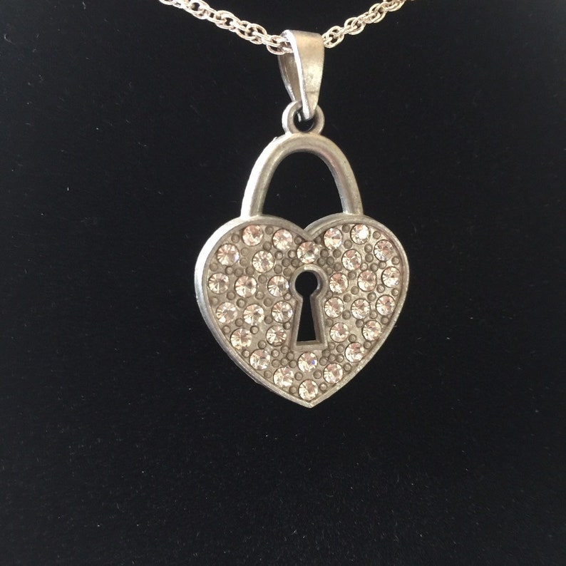 Silver Heart Lock Pendant Rhinestone Vintage Necklace Heart - Etsy