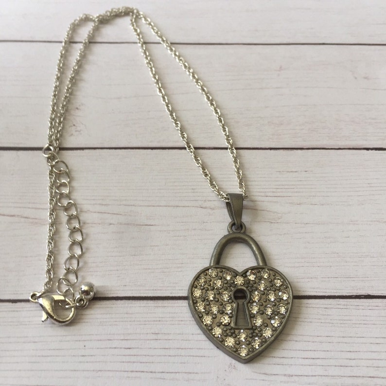 Silver Heart Lock Pendant Rhinestone Vintage Necklace Heart - Etsy