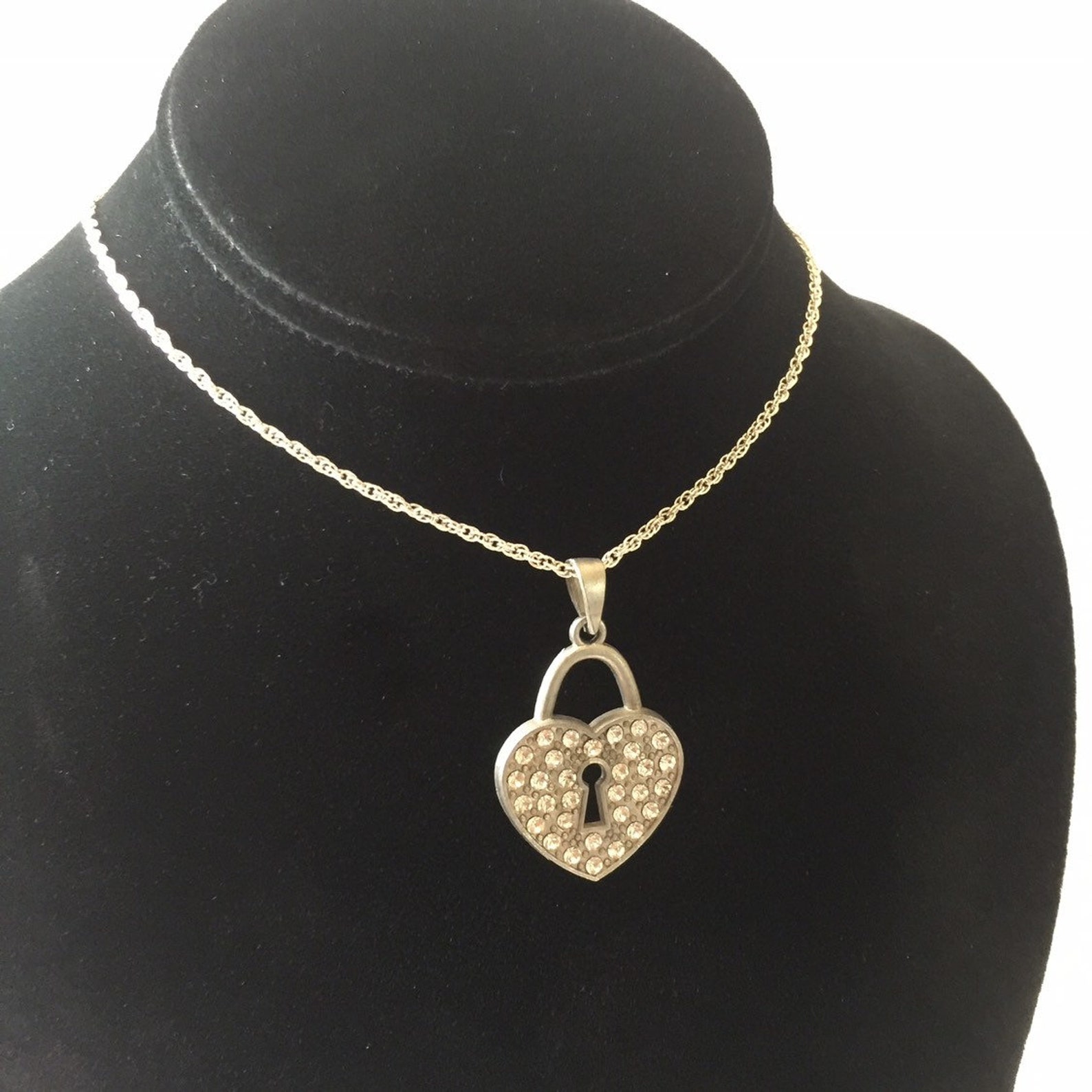 Silver Heart Lock Pendant Rhinestone vintage necklace Heart | Etsy