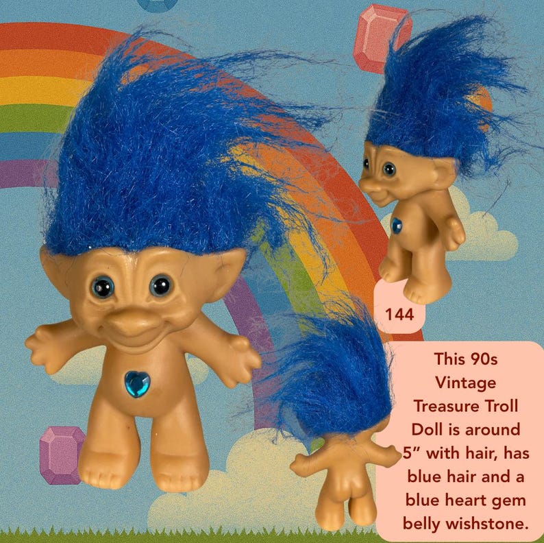 Little Vintage Treasure Troll Doll - Small 5" With Gem Belly Wishstone ...
