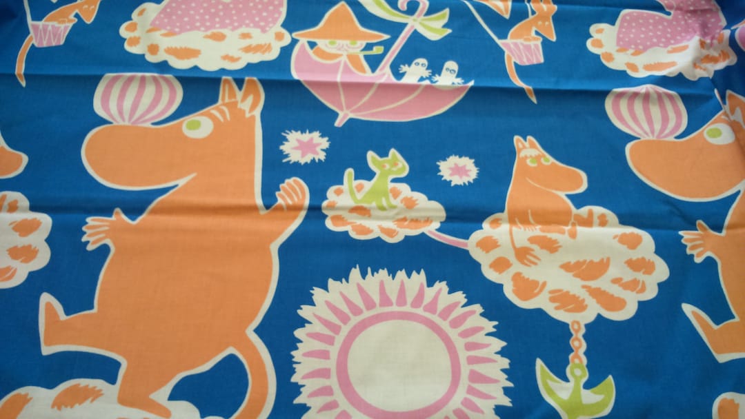 Moomins Fabric Blue Background Orange Pink White Moomins Characters ...