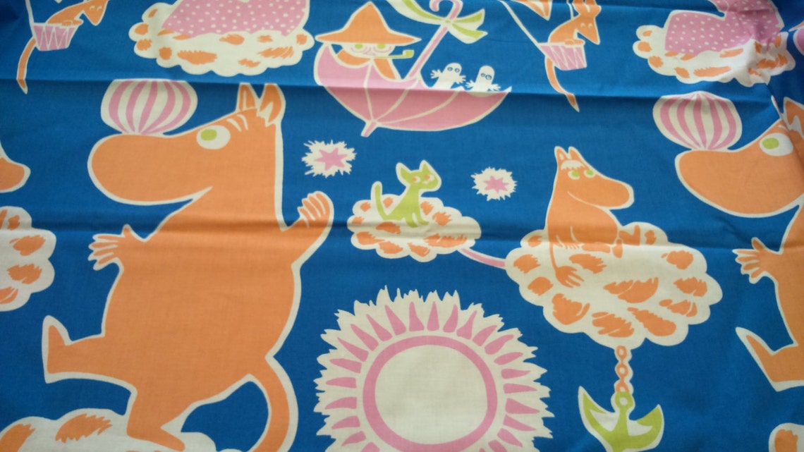 Moomins Fabric Blue Background Orange Pink White Moomins Characters ...