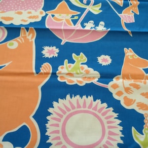 Moomins Fabric Blue Background Orange Pink White Moomins Characters ...