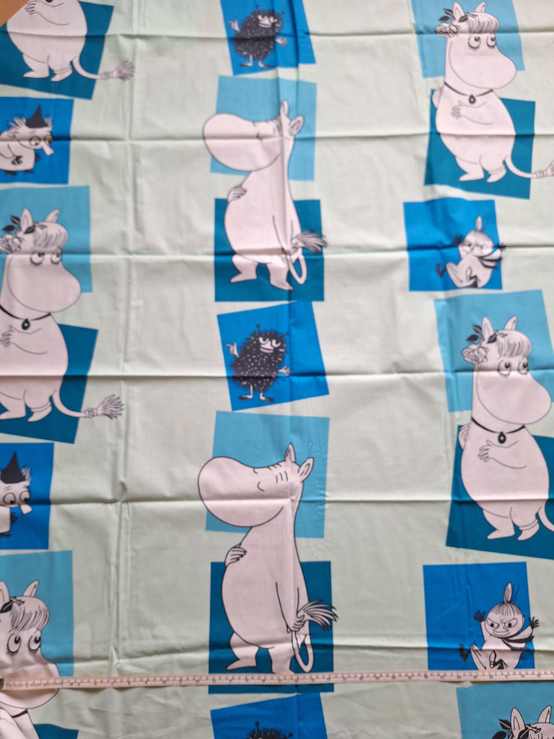 Moomins Fabric Mint Green Background With Moomins Characters Cotton ...