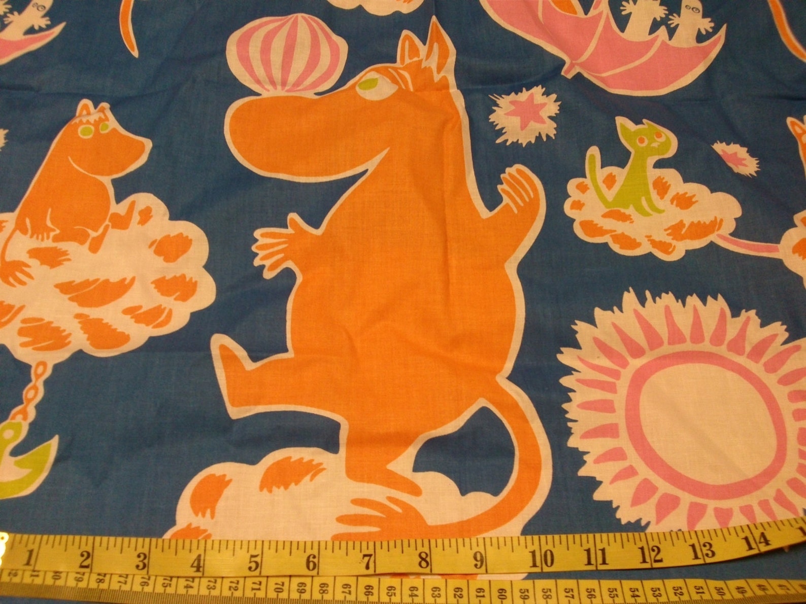 Moomins Fabric Blue Background Orange Pink White Moomins Characters ...