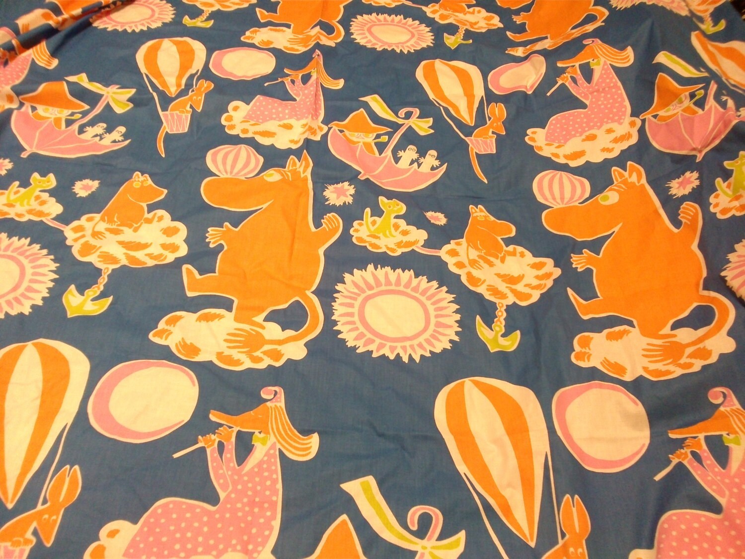 Moomins Fabric Blue Background Orange Pink White Moomins Characters ...