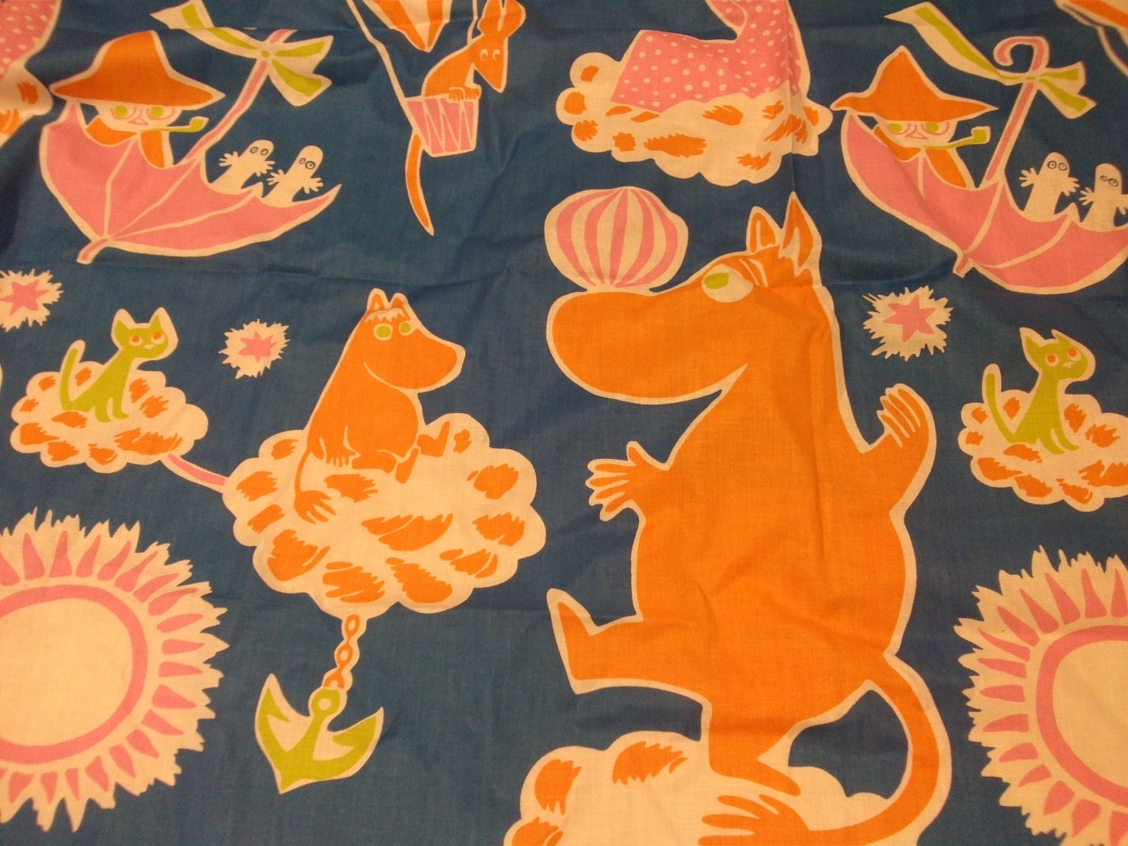 Moomins Fabric Blue Background Orange Pink White Moomins Characters ...