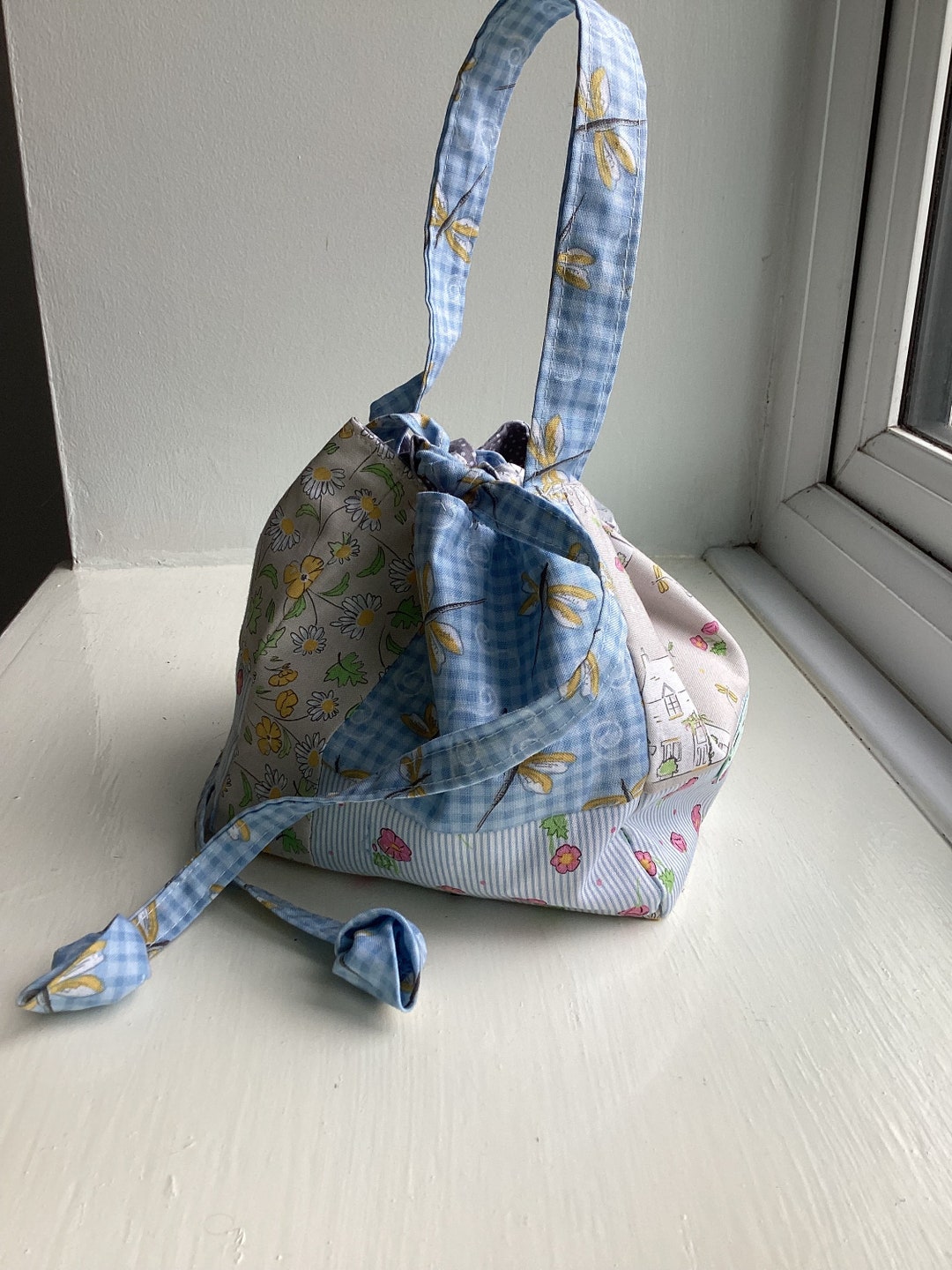 A Patchwork Japanese Rice Bag Made With Pastel Houses and Dragonflies ...