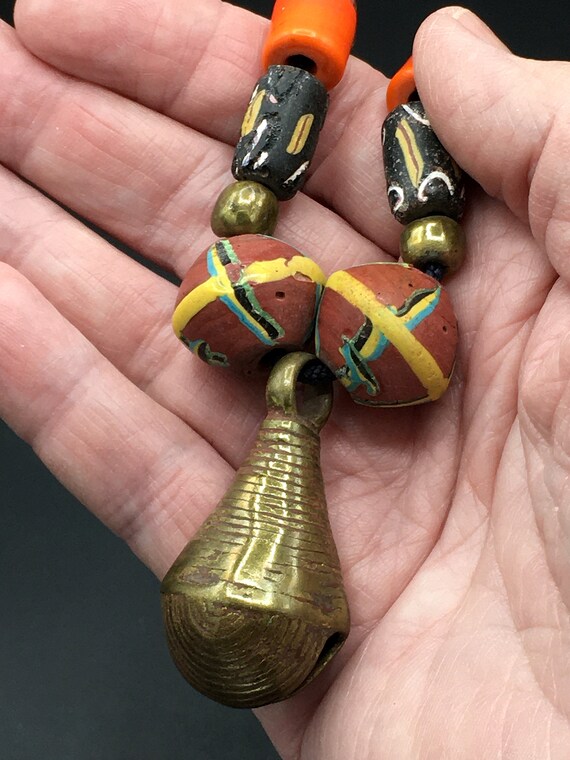 Brass African bell amulet with vintage African trade … - Gem