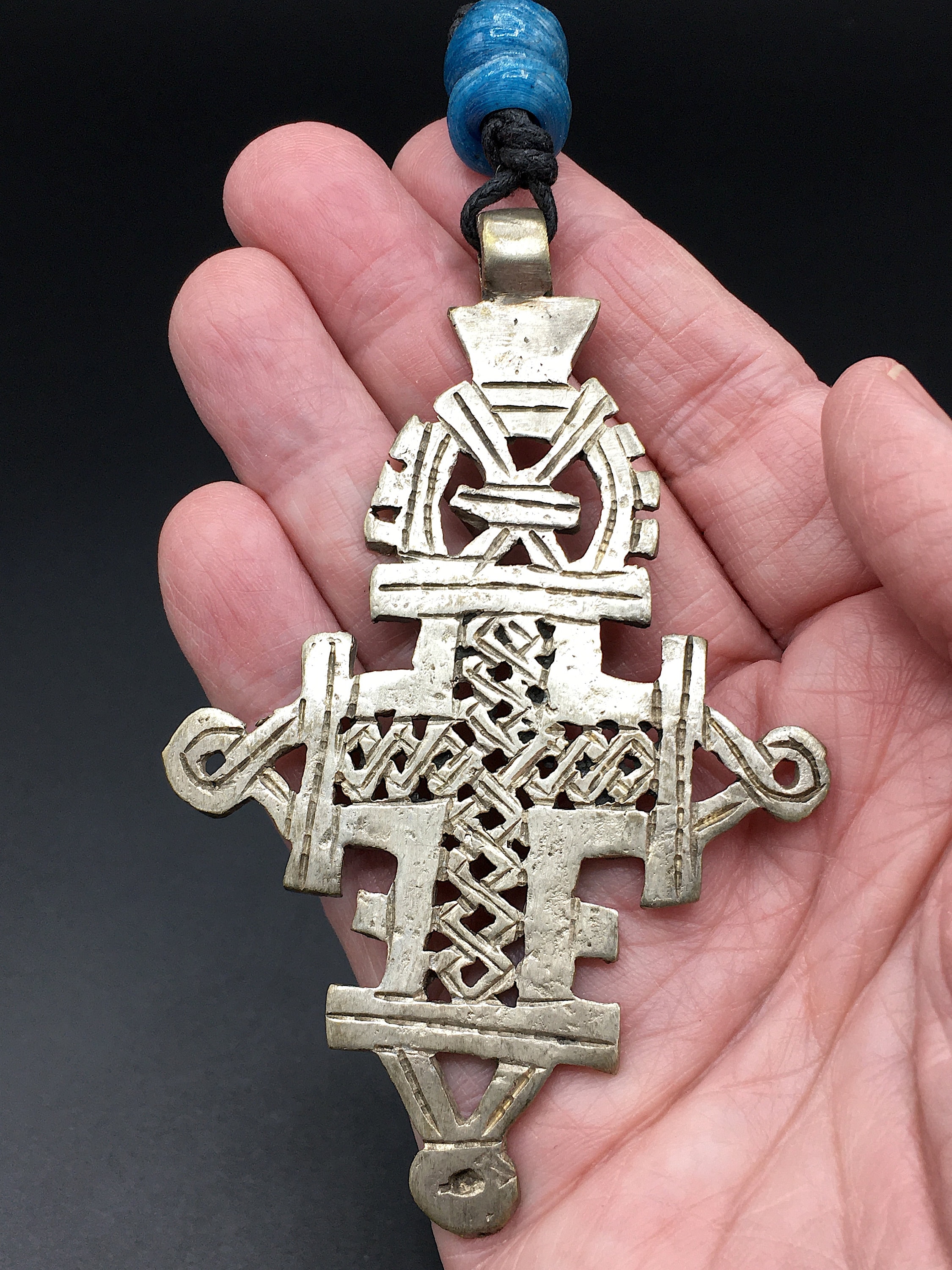 Ethiopian Cross Amulet Necklace: Vintage African Glass & Indian Silver ...
