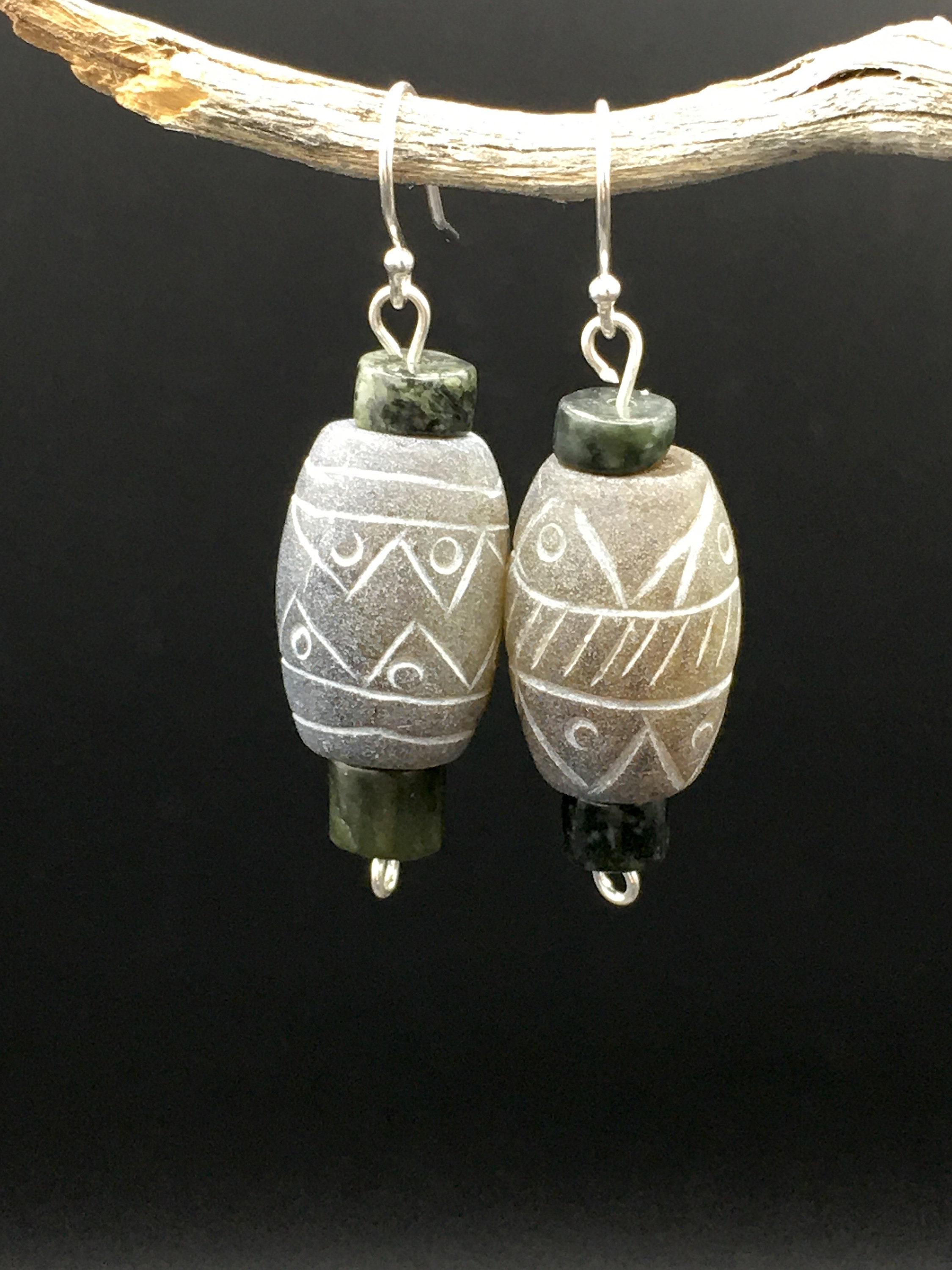 Ethnic Earrings With Carved Jade Barrel Beads and Jade Accents - Etsy