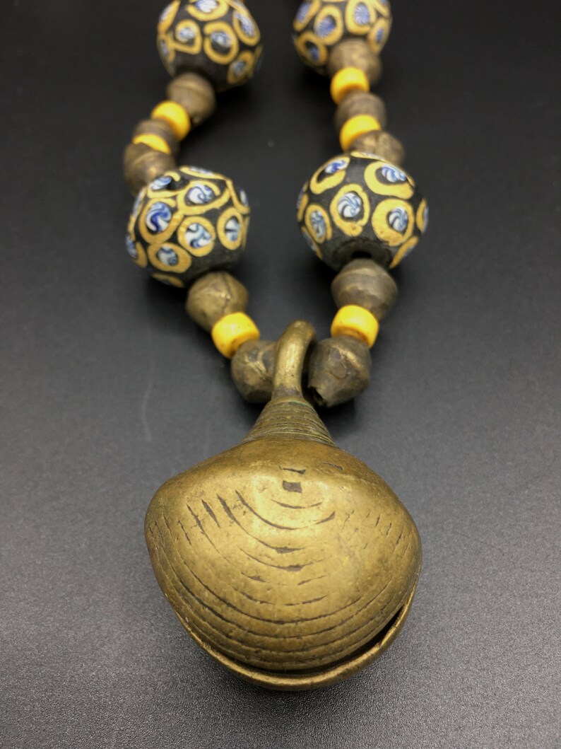 Brass African Bell Amulet Necklace With Vintage African Trade Beads and ...