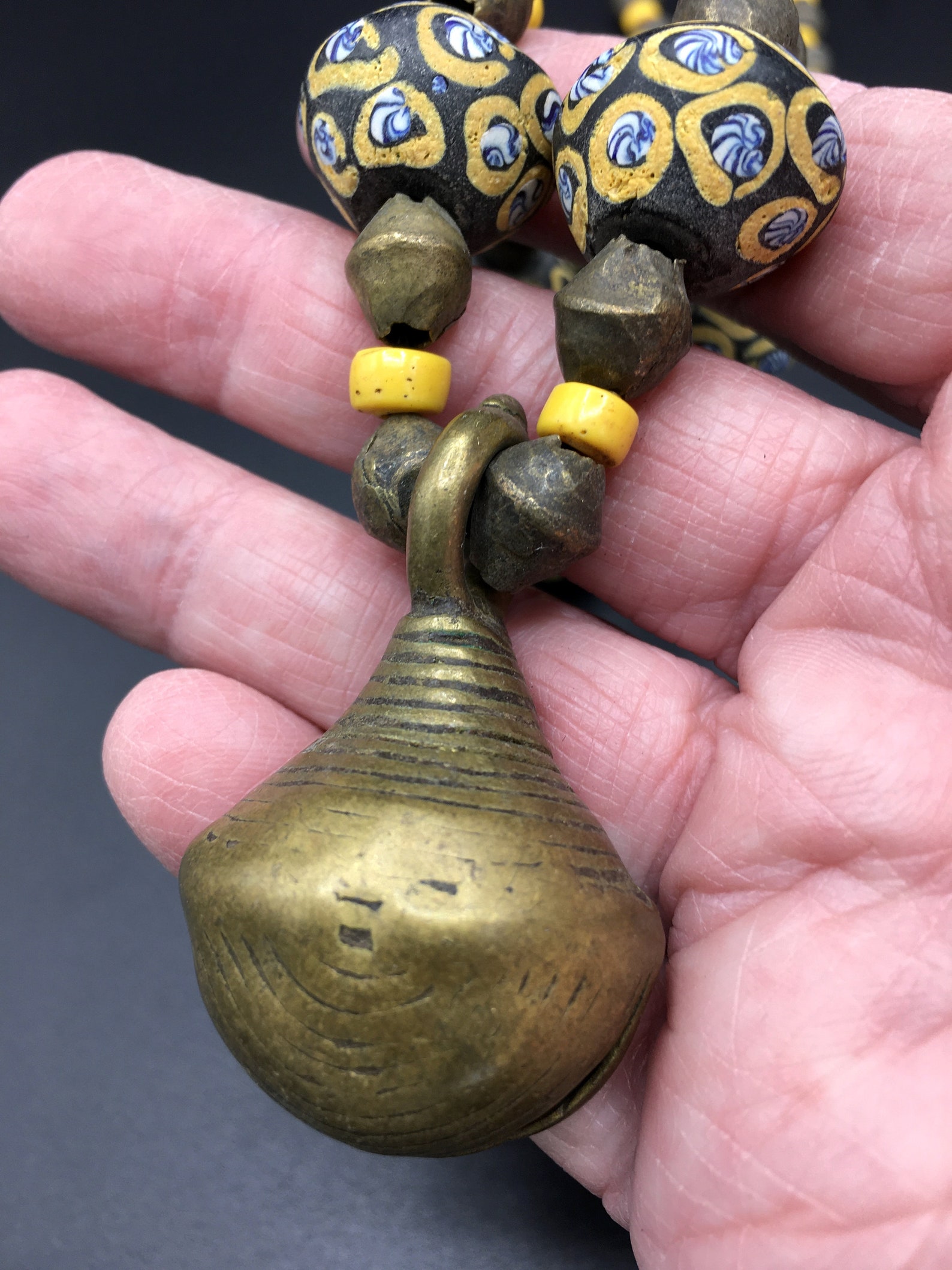 Brass African Bell Amulet Necklace With Vintage African Trade Beads and ...