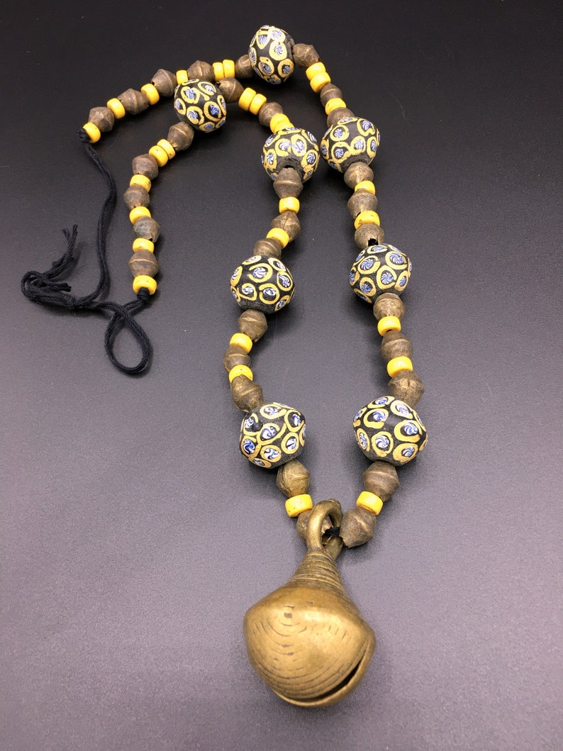 Brass African Bell Amulet Necklace With Vintage African Trade Beads and ...