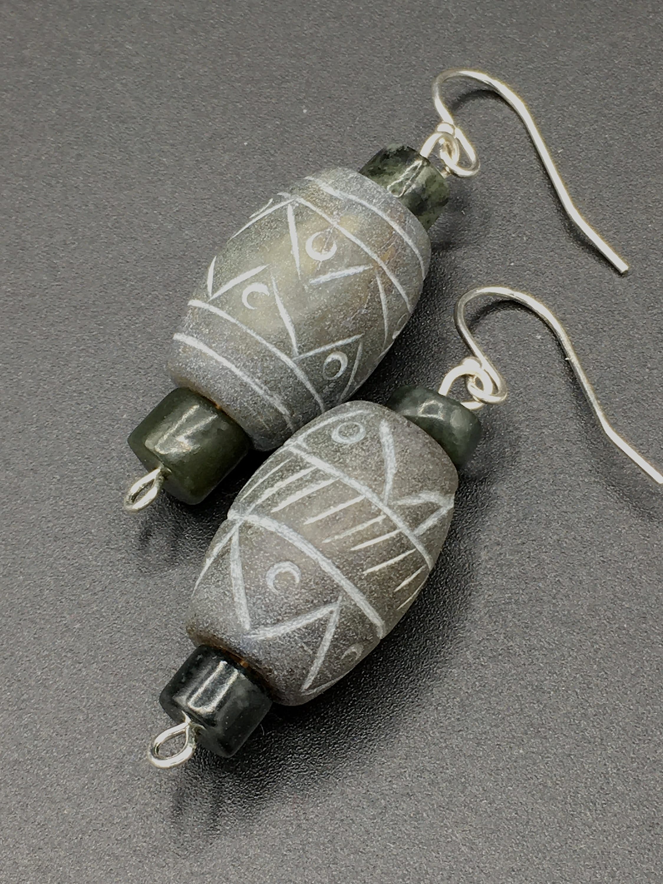 Ethnic Earrings With Carved Jade Barrel Beads and Jade Accents - Etsy