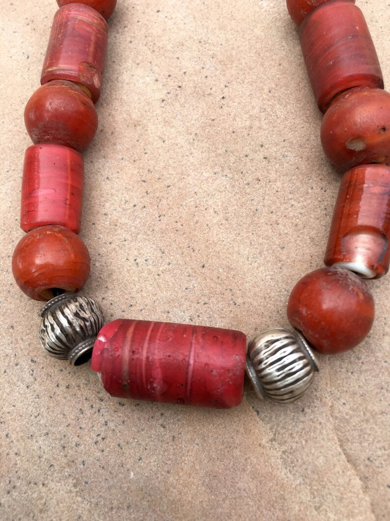 Ethnic necklace of vintage African red glass beads with | Etsy