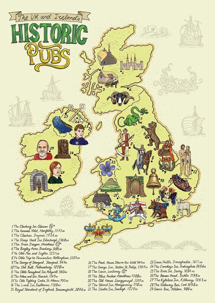 UK and Ireland Historic Pubs Map - Etsy